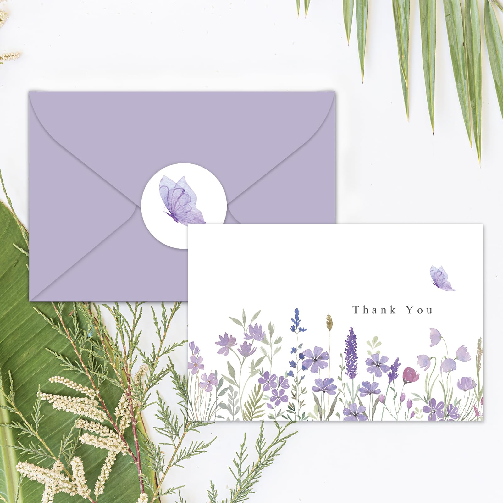 AnyDesign 24 Pack Wildflower Thank You Cards Bulk Purple Flower Greeting Cards with Envelope Sticker Floral Blank Note Cards for Birthday Wedding Baby Shower Bridal Shower, 4 x 6 Inch