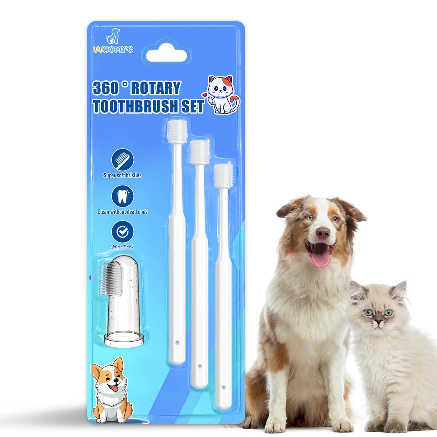 VVHOMIFE Cat Toothbrush Kit, Dog Toothbrush Kit, Suitable for All Cats and Dogs Dental Care. White, Soft Bristles, Meet All Cleaning Needs, Multi-Functional Dental Cleaning (S-Rounded)