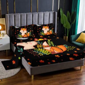 XYNHML Cute Fox Pattern Twin Fitted Sheet Deep Pockets Cartoon Fox Kid Bed Sheet Set 4Pcs Wild Animal Bedding Set Moon Leaves Decorative Includes 1 Fitted Sheet,1 Flat Sheet,2 Pillowcases