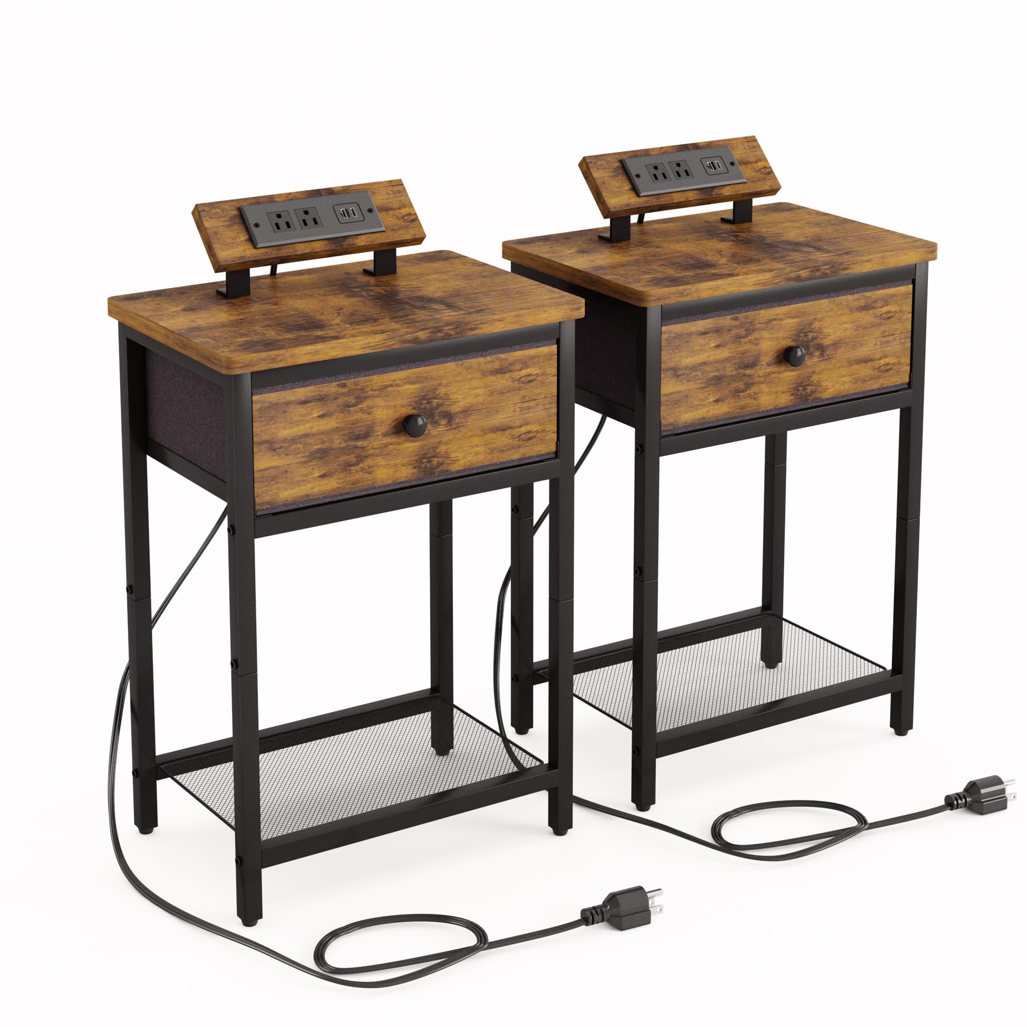 Fixwal Nightstands Set of 2 with Charging Station, Night Stand End Table with USB Ports & Outlets, Bedside Table with Fabric Drawer for Bedroom, Rustic Brown