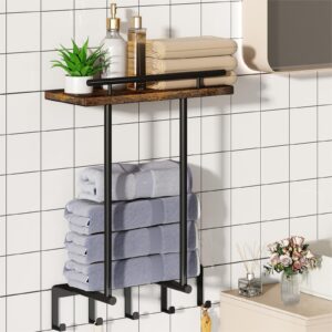 godboat towel racks for bathroom - towel holder with wooden shelf, 5 hooks bathroom organizers and storage near towel warmer, wall mounted for rolled towels, gifts for women, mom, mothers day (21")