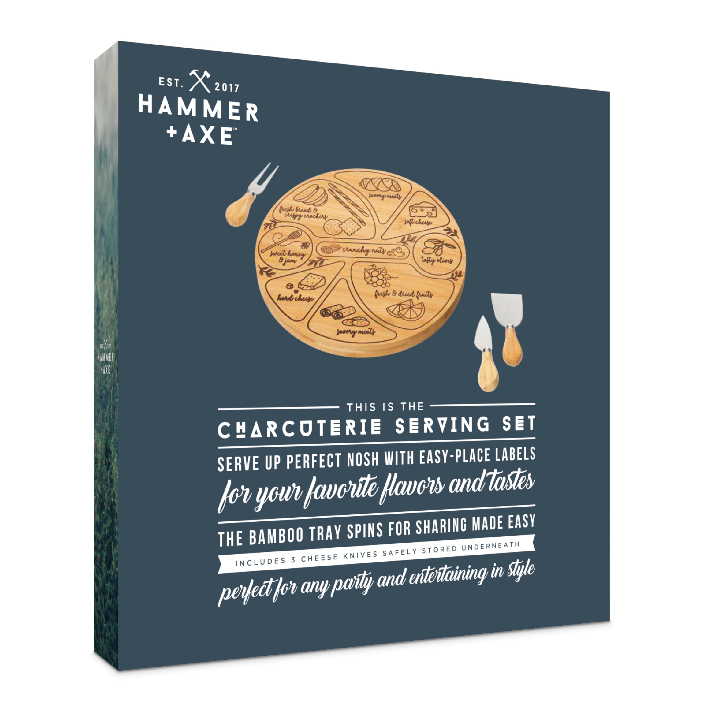 Hammer + Axe Charcuterie Board Set - Rotating Serving Cheese Board with Utensil Tools & Easy-Place Labels - Bamboo Charcuterie Boards Gift Set - Compact & Space-Saving Cheese Platter Tray & Knife Set