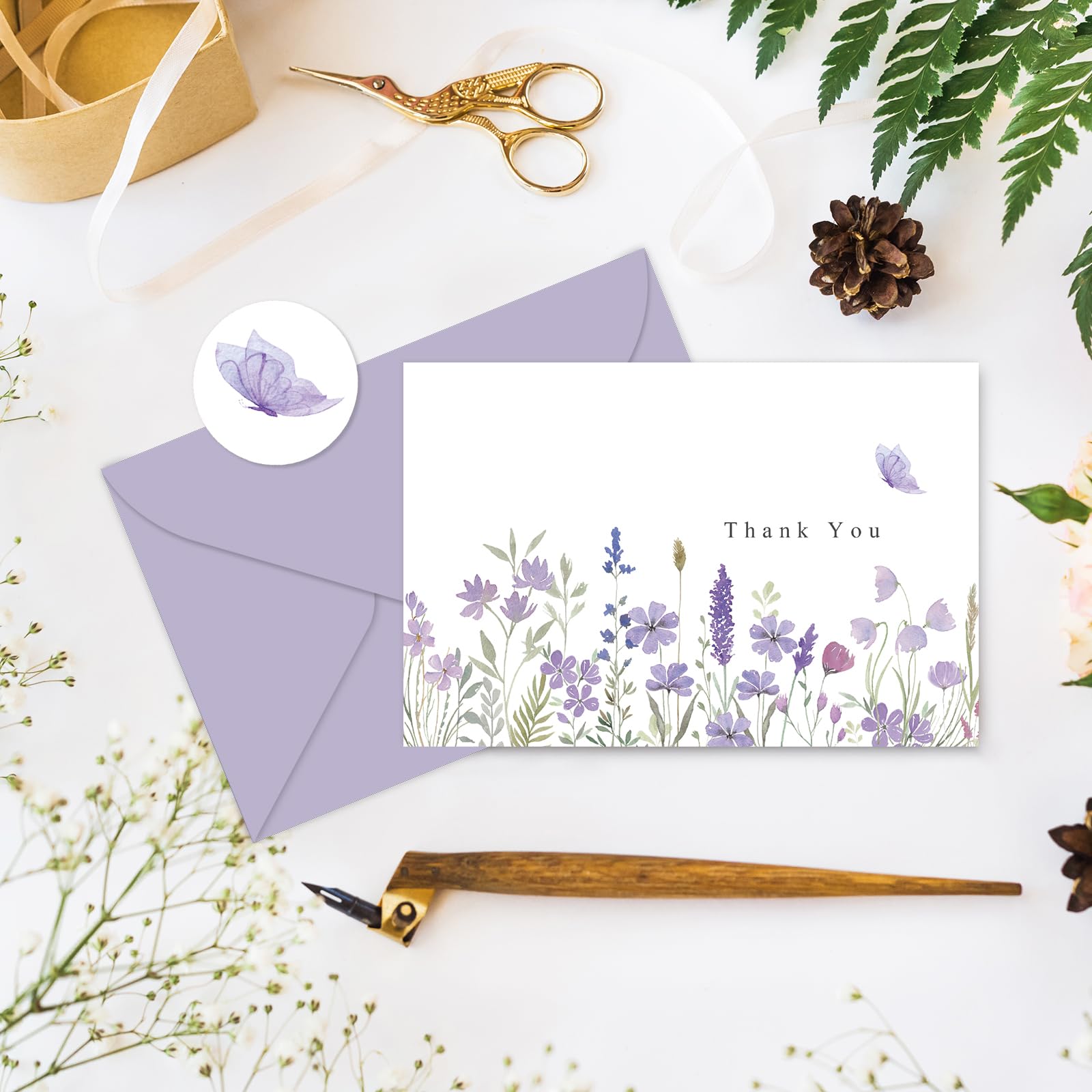 AnyDesign 24 Pack Wildflower Thank You Cards Bulk Purple Flower Greeting Cards with Envelope Sticker Floral Blank Note Cards for Birthday Wedding Baby Shower Bridal Shower, 4 x 6 Inch