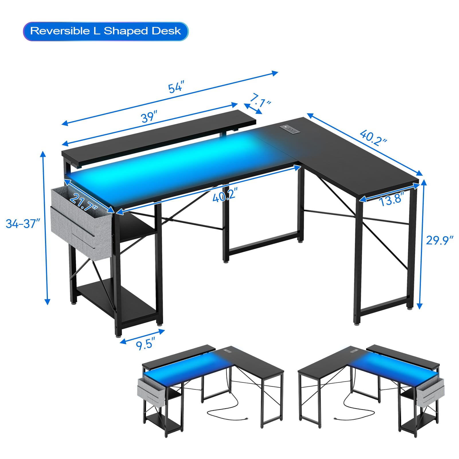 Jojoka L Shaped Computer Gaming Desk with Power Outlet & LED Light, 54 Inch Reversible Modern Office Computer Desk, Corner Desk with USB Charging Port & Storage Bag (Black)