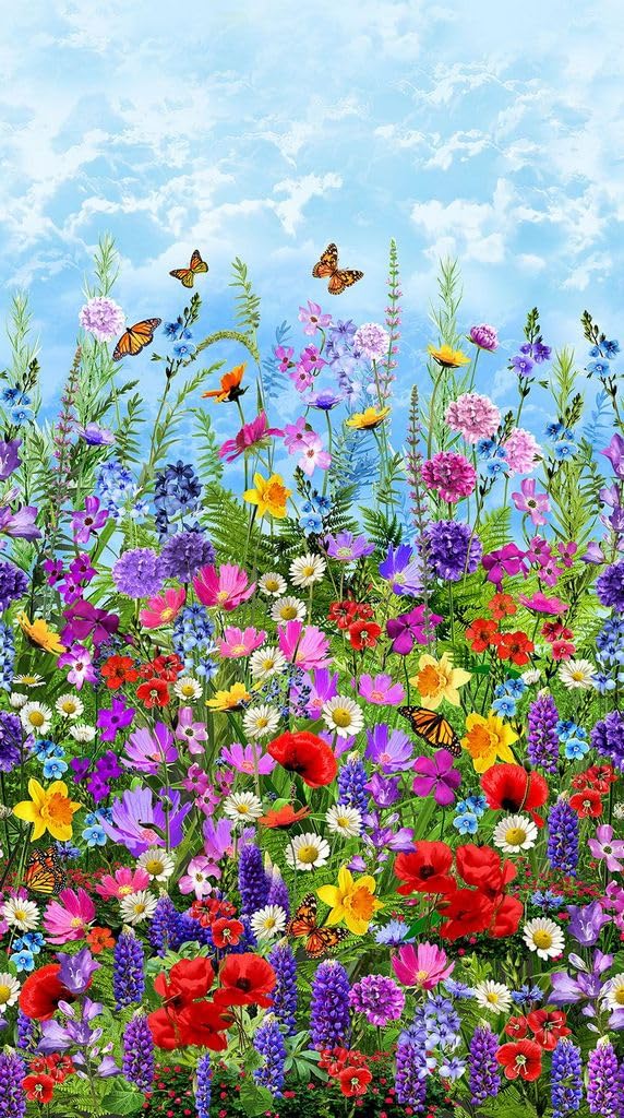 24" X 44" Panel Wild Floral Wildflowers Butterflies Poppies Field Spring Cotton Fabric Panel (PANEL-CD2432-MULTI)