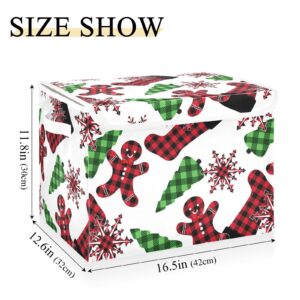 Christmas Storage Baskets Collapsible Storage Bins with Lids, Buffalo Plaid Checkered Christmas Stockings Snowflakes Gingerbread Men and Christmas Trees Storage Boxes Clothes Baskets for Organizing