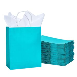 djinnglory 50 pack medium size teal blue paper gift bags with handles 10x8x4 inch and 50 white tissue paper for small business wedding bridal baby shower birthday party favors goodies