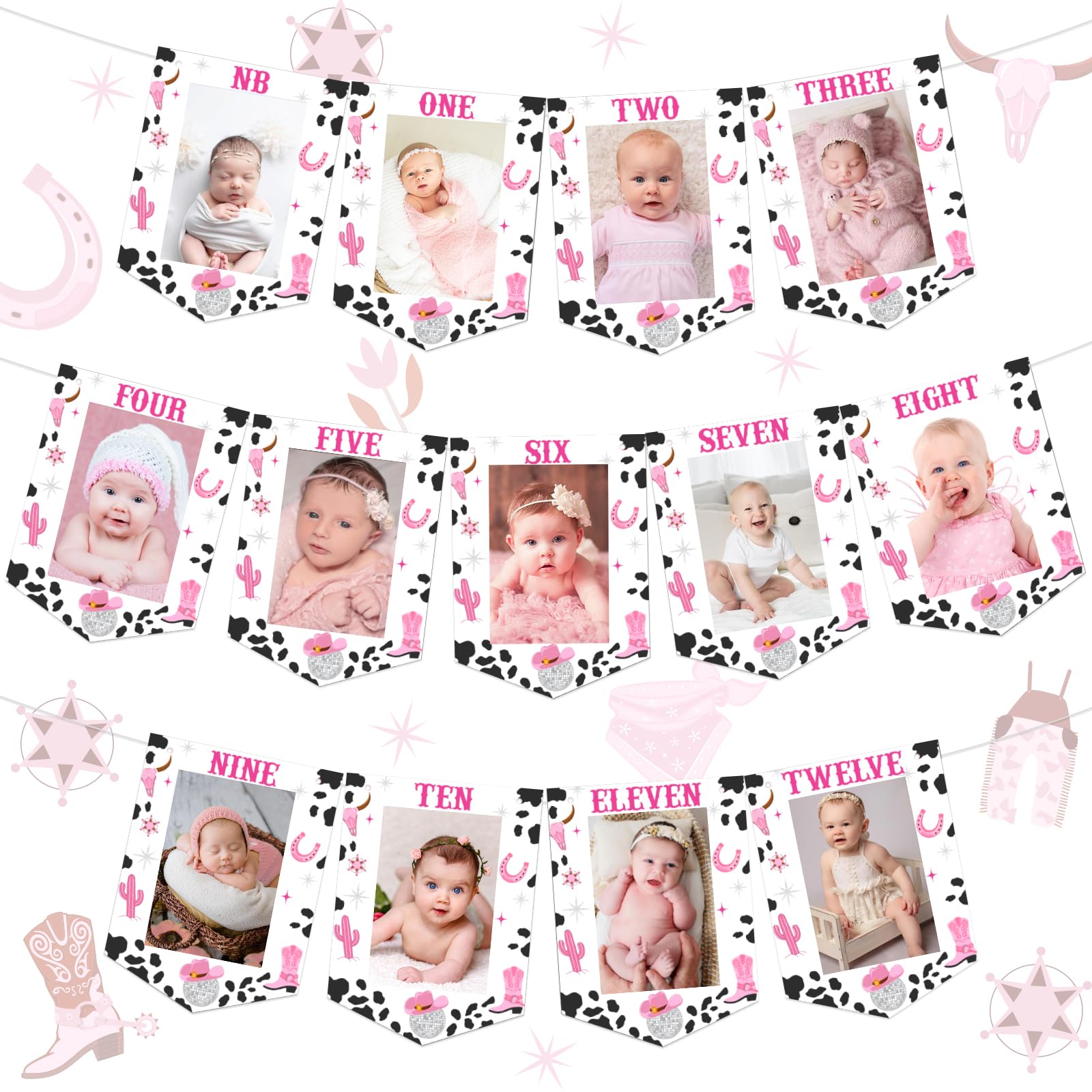 Space Cowgirl 1st Birthday Photo Banner Pink For Girls, Western Disco Monthly Milestone Photograph Bunting Garland, My First Rodeo Birthday Baby Shower Decorations for Baby from Newborn to 12 Months