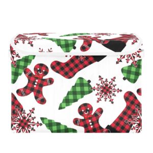 Christmas Storage Baskets Collapsible Storage Bins with Lids, Buffalo Plaid Checkered Christmas Stockings Snowflakes Gingerbread Men and Christmas Trees Storage Boxes Clothes Baskets for Organizing