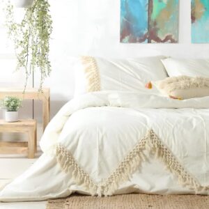 INDACORIFY 3 Pcs Boho Tassel Duvet Cover with Fringes Bedding Washed Duvet Cover Queen King Double Twin Custom Size Fringes Duvet Cover Boho Bedding (Over Size 108X108 Inches)