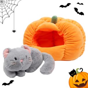 hopearl halloween cat pumpkin cave sufffed animal 2 in 1 playset pet with pumpkin house plush toy pillow with separable kitty gift for kids, 9.5''