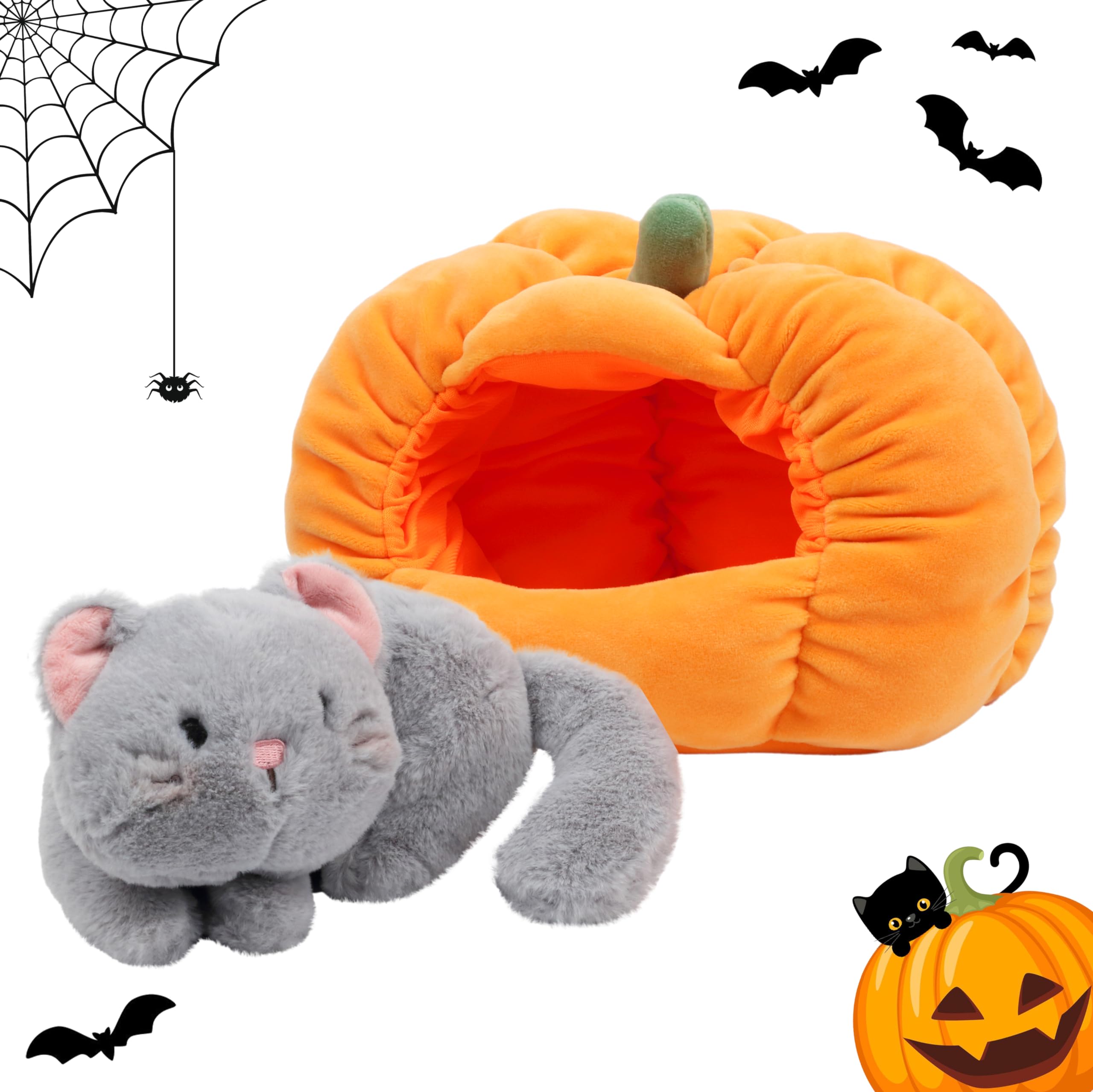 Hopearl Halloween Cat Pumpkin Cave Sufffed Animal 2 in 1 Playset Pet with Pumpkin House Plush Toy Pillow with Separable Kitty Gift for Kids, 9.5''