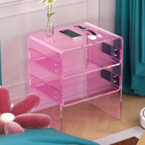 Clear Acrylic 3-Tier End Table/Nightstand – Sleek Bedside Storage with Durable Design, Perfect for Bedrooms, Living Rooms, or Modern Interiors – Ideal as a Bedside Table or Sofa Side Piece (Pink)