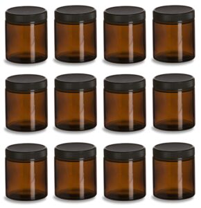 north mountain supply 6 ounce amber glass straight sided mason canning jars - with 63mm black plastic lids - case of 12