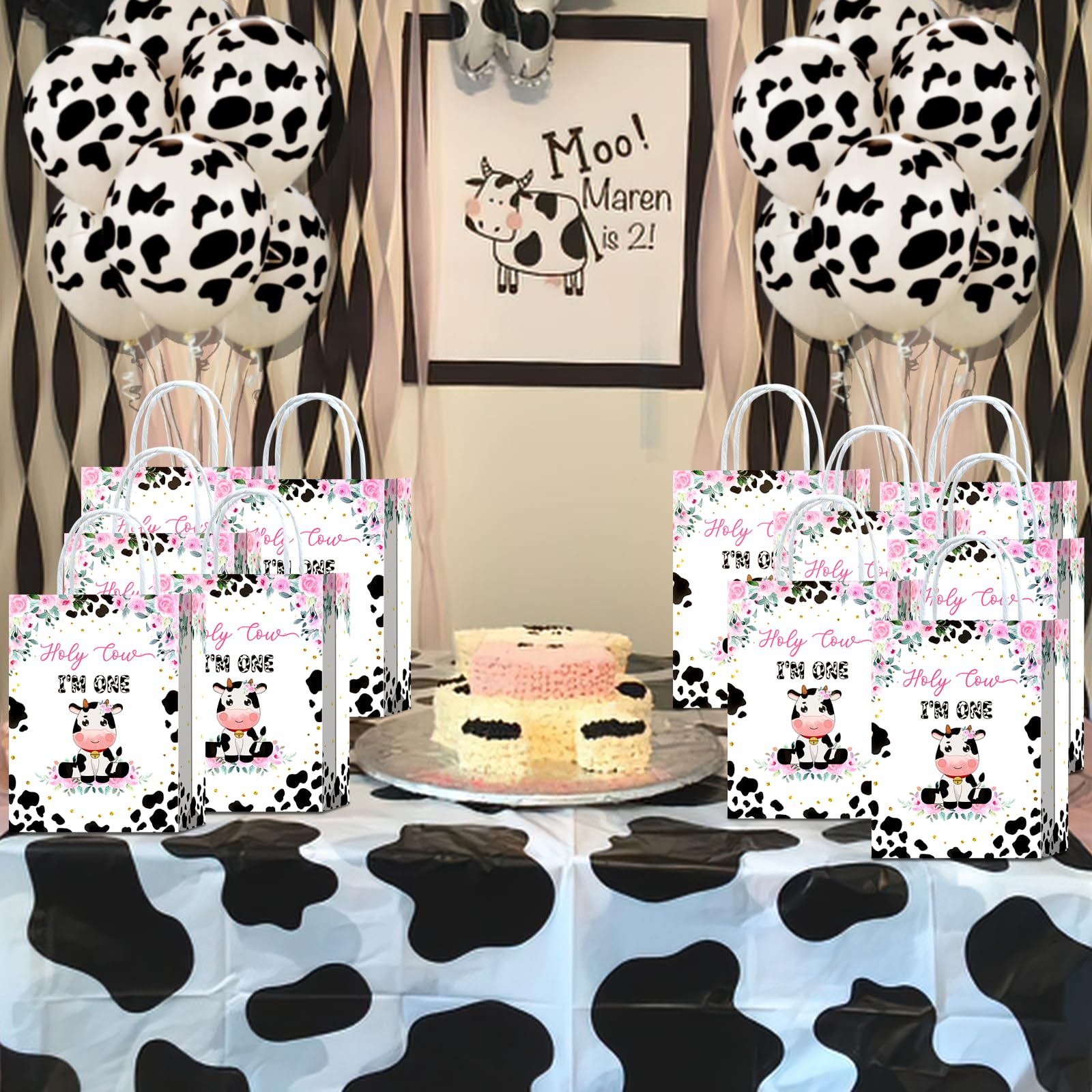 Tyndallrays 16 Pieces Holy Cow I'M ONE First Birthday Party Favors Bags,Holy Cow 1st Birthday Gift Snacks Treat Candy Party Favors Bags with Handles for Girls Boys 1st Birthday Party Decorations