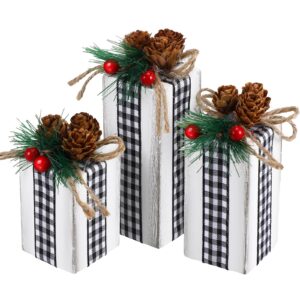 3 pcs christmas table centerpieces christmas table decor faux present wooden blocks rustic decoration with buffalo plaid bowknot for holiday xmas tree shelf tiered tray decor (black, white)