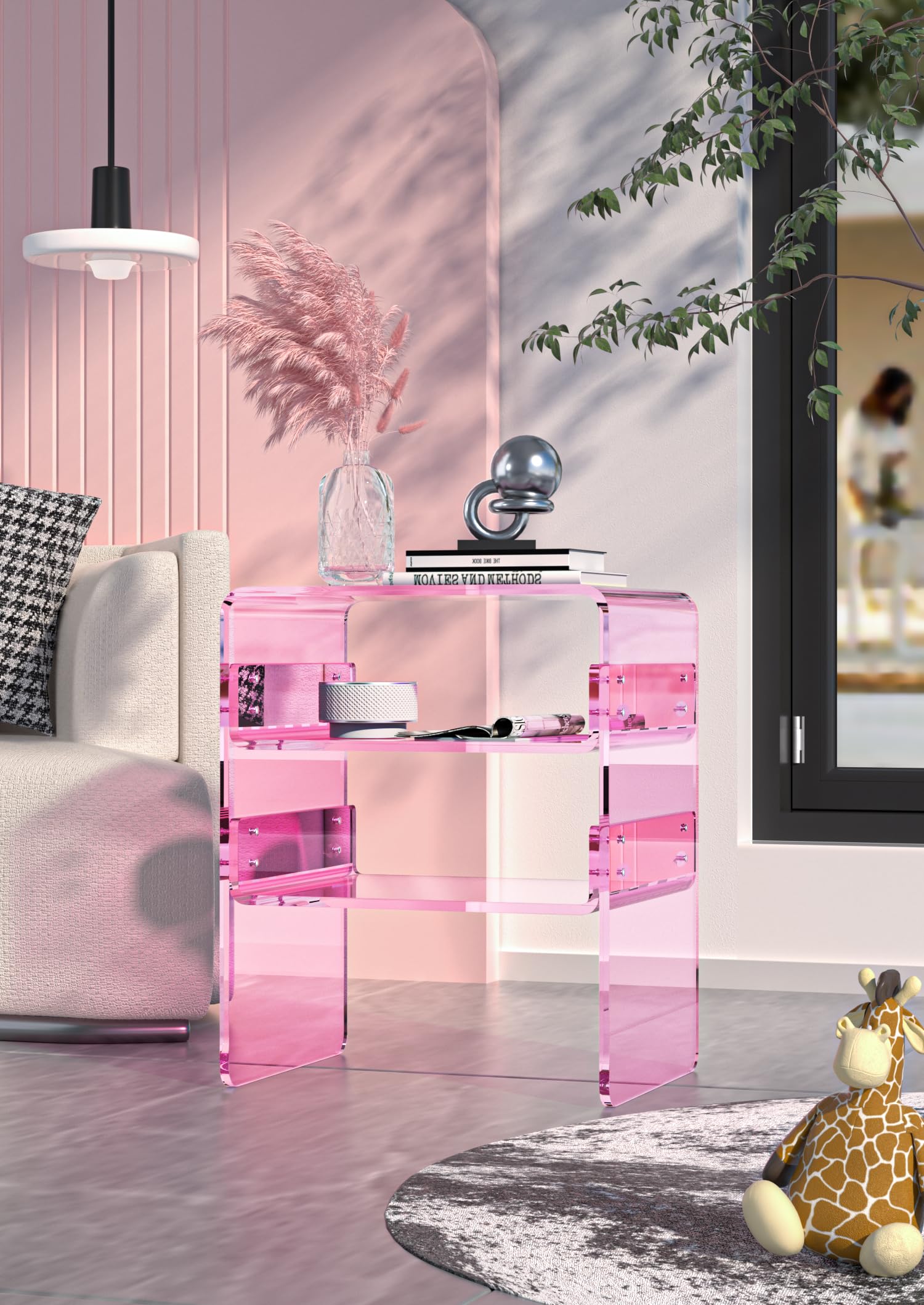 Clear Acrylic 3-Tier End Table/Nightstand – Sleek Bedside Storage with Durable Design, Perfect for Bedrooms, Living Rooms, or Modern Interiors – Ideal as a Bedside Table or Sofa Side Piece (Pink)