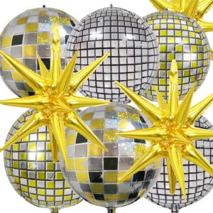 9 pieces 22 inches silver gold disco ball balloons & 27 inches gold stars balloons, large foil mylar balloon for 70s disco dance theme decorations birthday wedding graduation party supplies