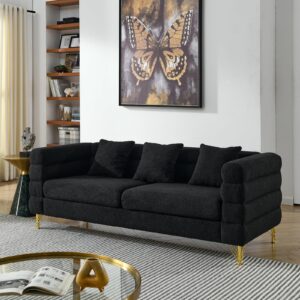 Comfy 3 Seater Sofa, 81-inch Oversized Boucle Couch with Deep Seat Design, Upholstered Sofa Couch with 2 Pillows, Modern Living Room Sofa with Stylish Metal Legs for Office, Waiting Room, Black Teddy