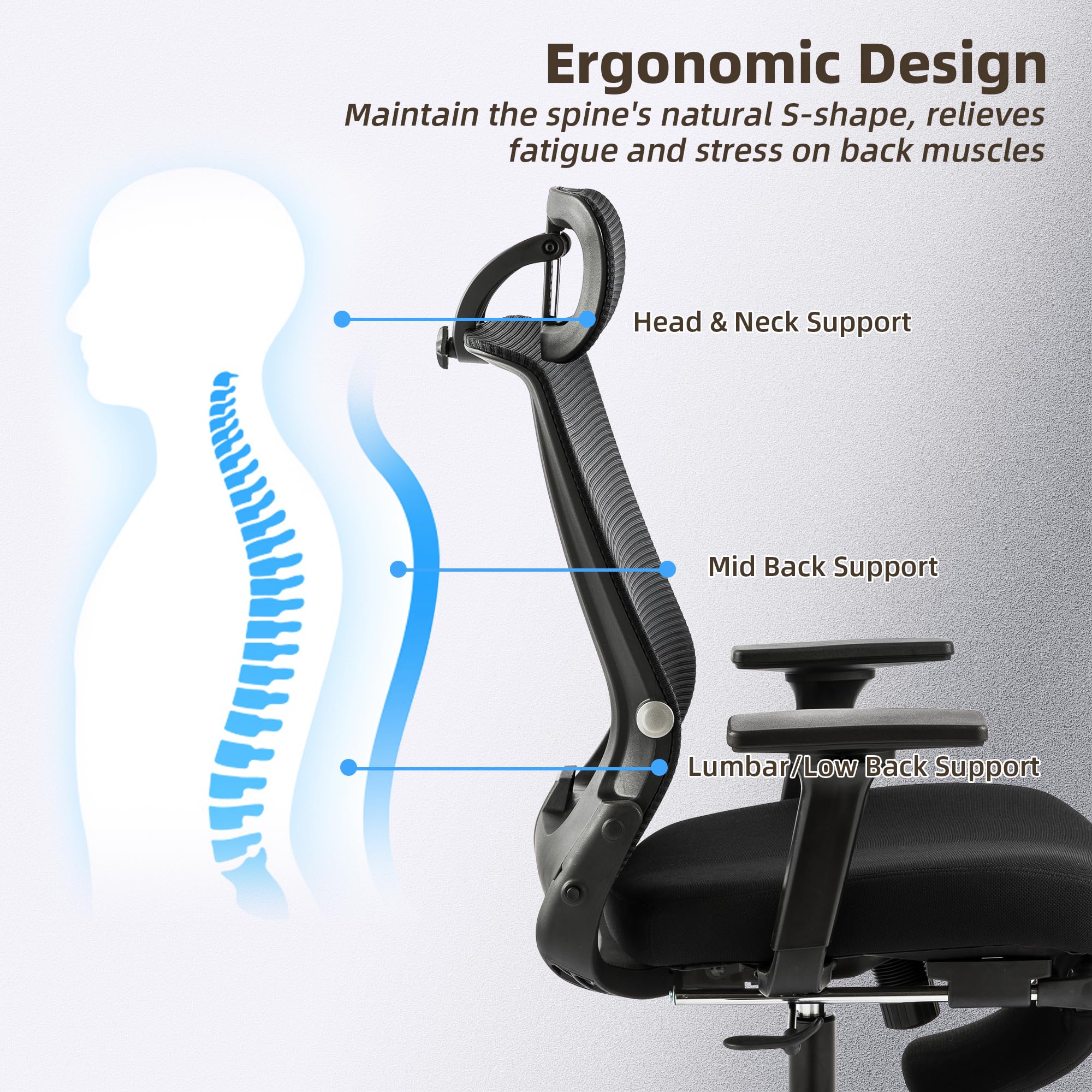 Foldable Office Chair with Foot Rest, Ergonomic Office Chair with Adjustable Lumbar Support, Headrest, Armrest, High Back Mesh Chair, Home Office Desk Chair for Space Saving, Black