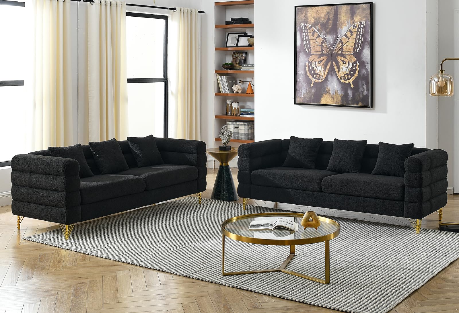 Comfy 3 Seater Sofa, 81-inch Oversized Boucle Couch with Deep Seat Design, Upholstered Sofa Couch with 2 Pillows, Modern Living Room Sofa with Stylish Metal Legs for Office, Waiting Room, Black Teddy