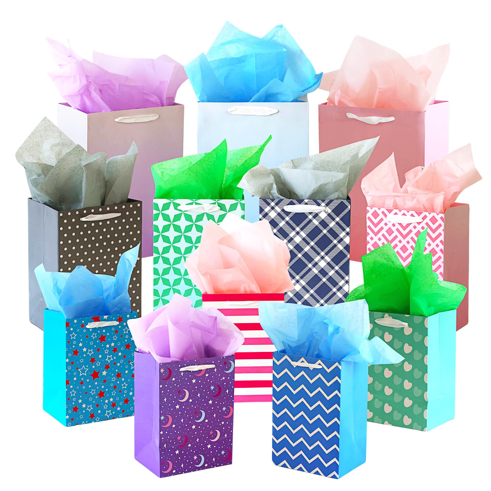 Moretoes 12 Pack Gift Bags Assorted Sizes and Designs, Gift Bags Bulk with Tissue Paper 12 Patterns in 3 Different Sizes for Birthday, Baby Showers