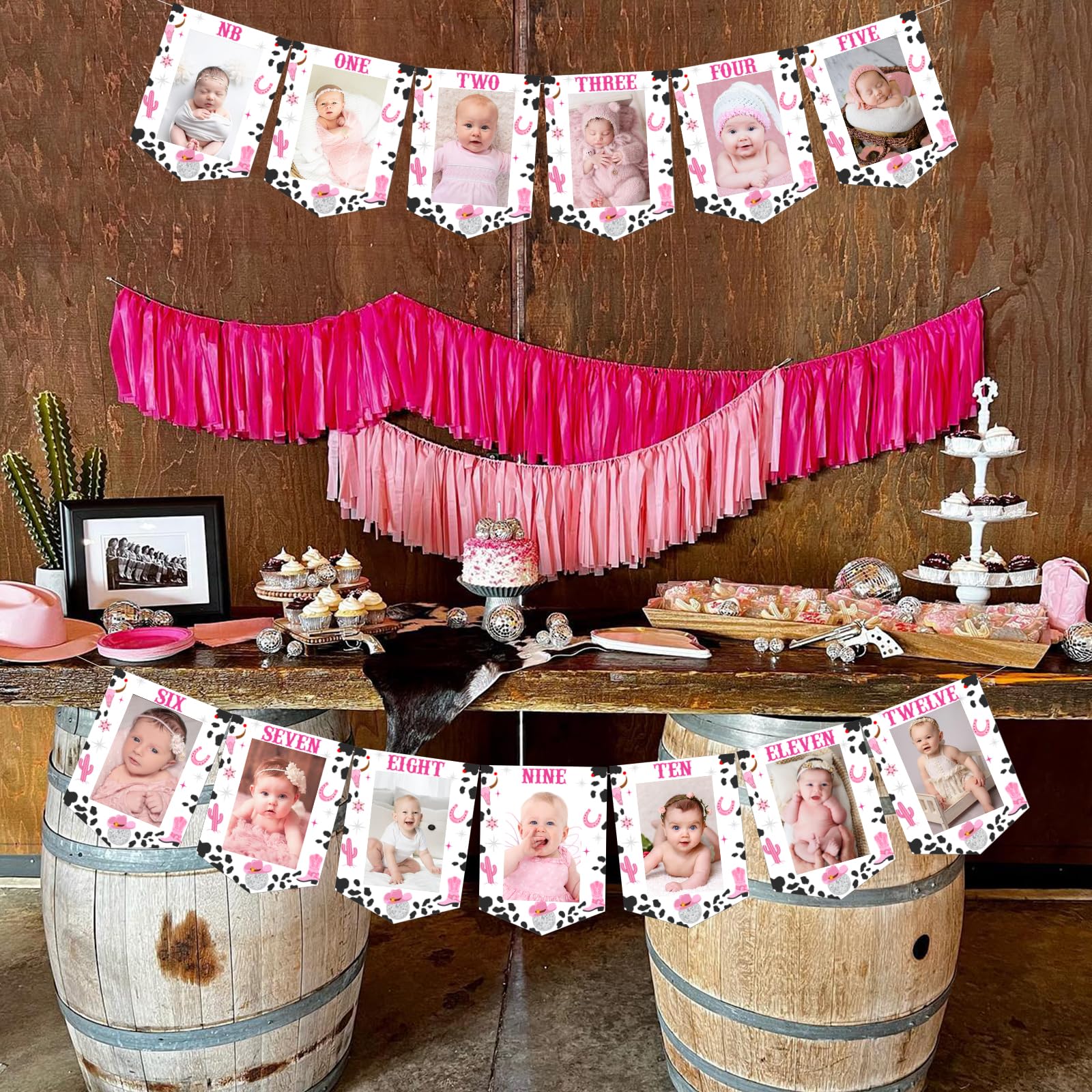 Space Cowgirl 1st Birthday Photo Banner Pink For Girls, Western Disco Monthly Milestone Photograph Bunting Garland, My First Rodeo Birthday Baby Shower Decorations for Baby from Newborn to 12 Months