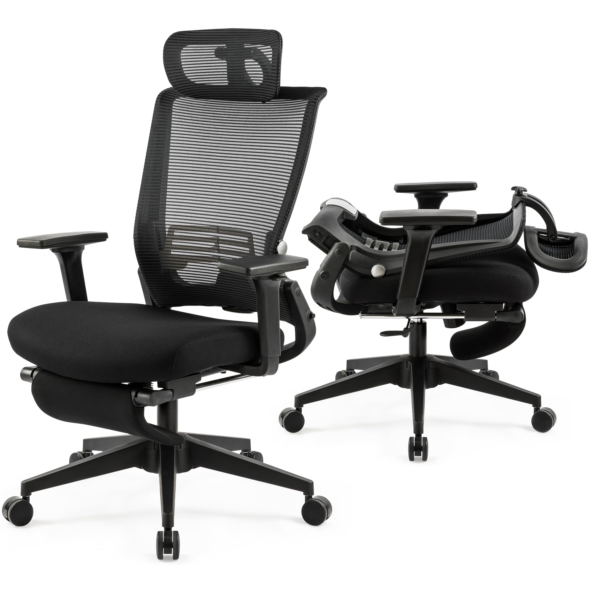 Foldable Office Chair with Foot Rest, Ergonomic Office Chair with Adjustable Lumbar Support, Headrest, Armrest, High Back Mesh Chair, Home Office Desk Chair for Space Saving, Black