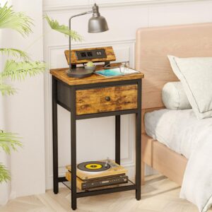 Fixwal Nightstands Set of 2 with Charging Station, Night Stand End Table with USB Ports & Outlets, Bedside Table with Fabric Drawer for Bedroom, Rustic Brown