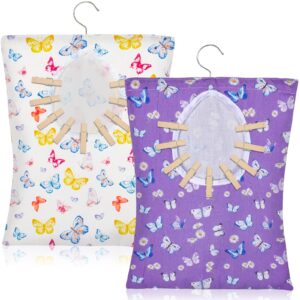 whaline 2 pcs clothespin bag with hanging hook watercolor butterfly laundry clothes pin holder waterproof clothespin storage organizer with large opening for outdoor wardrobe laundry room, 15 x 11inch