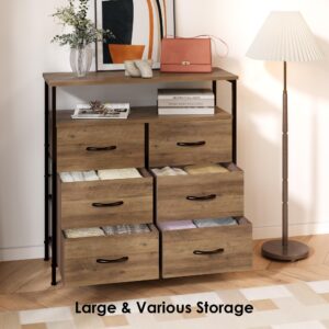 BOTLOG Fabric Dresser for Bedroom with 6 Drawers, Dresser TV Stand with Open Shelves, Chest of Drawers for Closet, Clothes, Wood Top, Fabric Drawers