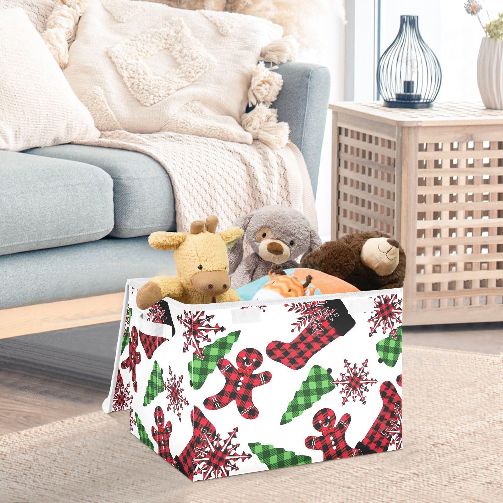 Christmas Storage Baskets Collapsible Storage Bins with Lids, Buffalo Plaid Checkered Christmas Stockings Snowflakes Gingerbread Men and Christmas Trees Storage Boxes Clothes Baskets for Organizing