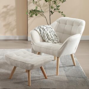 zh4you sherpa accent chair with ottoman, modern lounge chair with footrest upholstered sofa armchair with wood legs comfy reading chair for small spaces/living room/bedroom/apartment, white