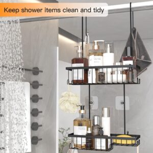 Fixwal Hanging Shower Caddy Over the Door with Soap Holder, No Drilling Adhesive Bathroom Storage Organizer Rack with 10 Hooks Hanging Shelf Basket Rustproof Waterproof Anti-Swing, 2 Tiers