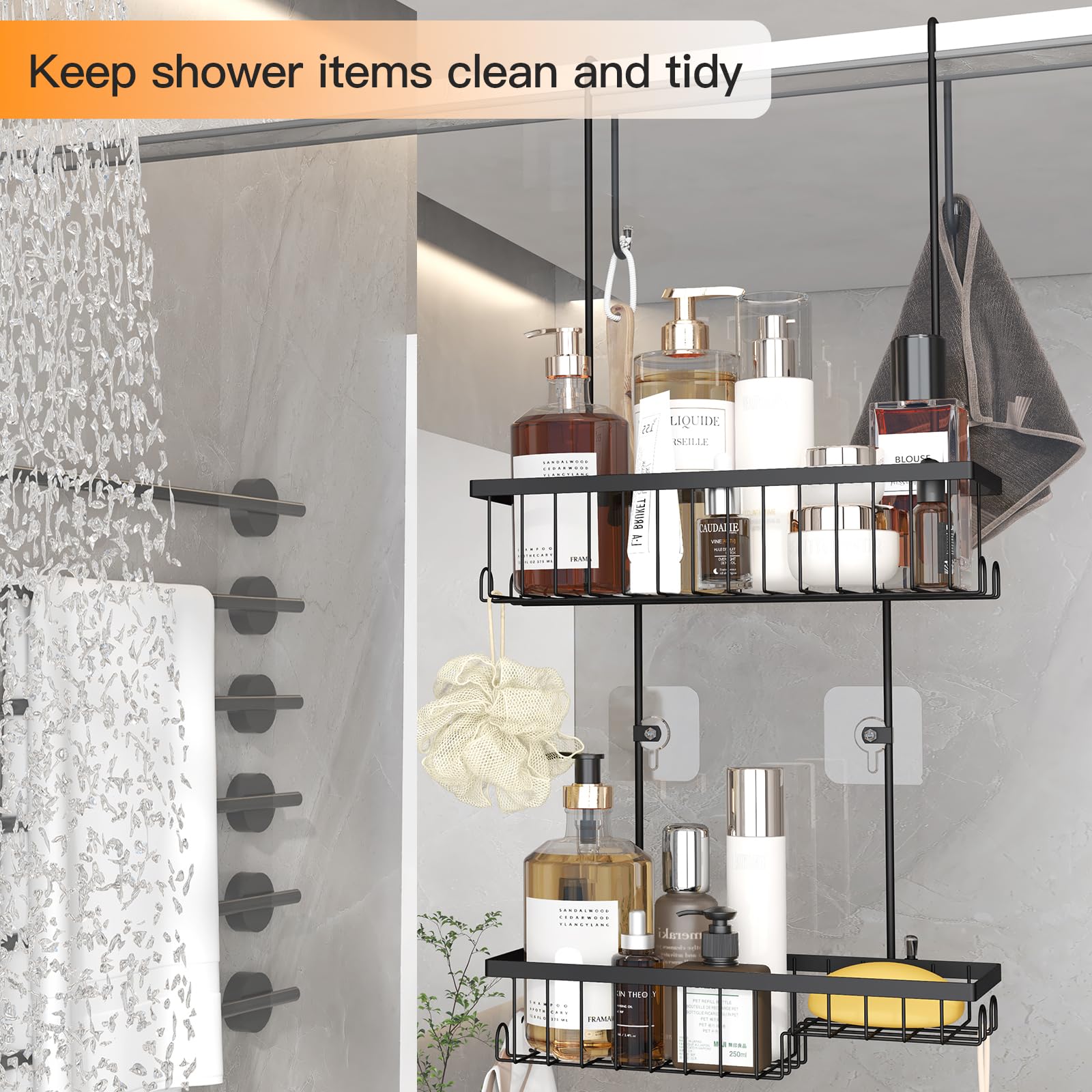 Fixwal Hanging Shower Caddy Over the Door with Soap Holder, No Drilling Adhesive Bathroom Storage Organizer Rack with 10 Hooks Hanging Shelf Basket Rustproof Waterproof Anti-Swing, 2 Tiers