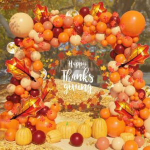 thanksgiving balloon arch kit,167pcs fall balloon arch kit, orange burgundy rose gold confetti balloons with artificial maple leaves for thanksgiving decorations autumn party baby shower decorations