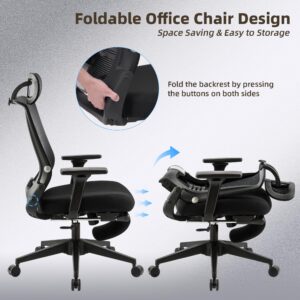 Foldable Office Chair with Foot Rest, Ergonomic Office Chair with Adjustable Lumbar Support, Headrest, Armrest, High Back Mesh Chair, Home Office Desk Chair for Space Saving, Black