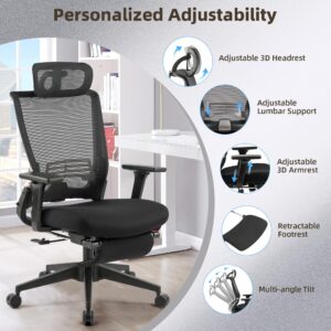 Foldable Office Chair with Foot Rest, Ergonomic Office Chair with Adjustable Lumbar Support, Headrest, Armrest, High Back Mesh Chair, Home Office Desk Chair for Space Saving, Black