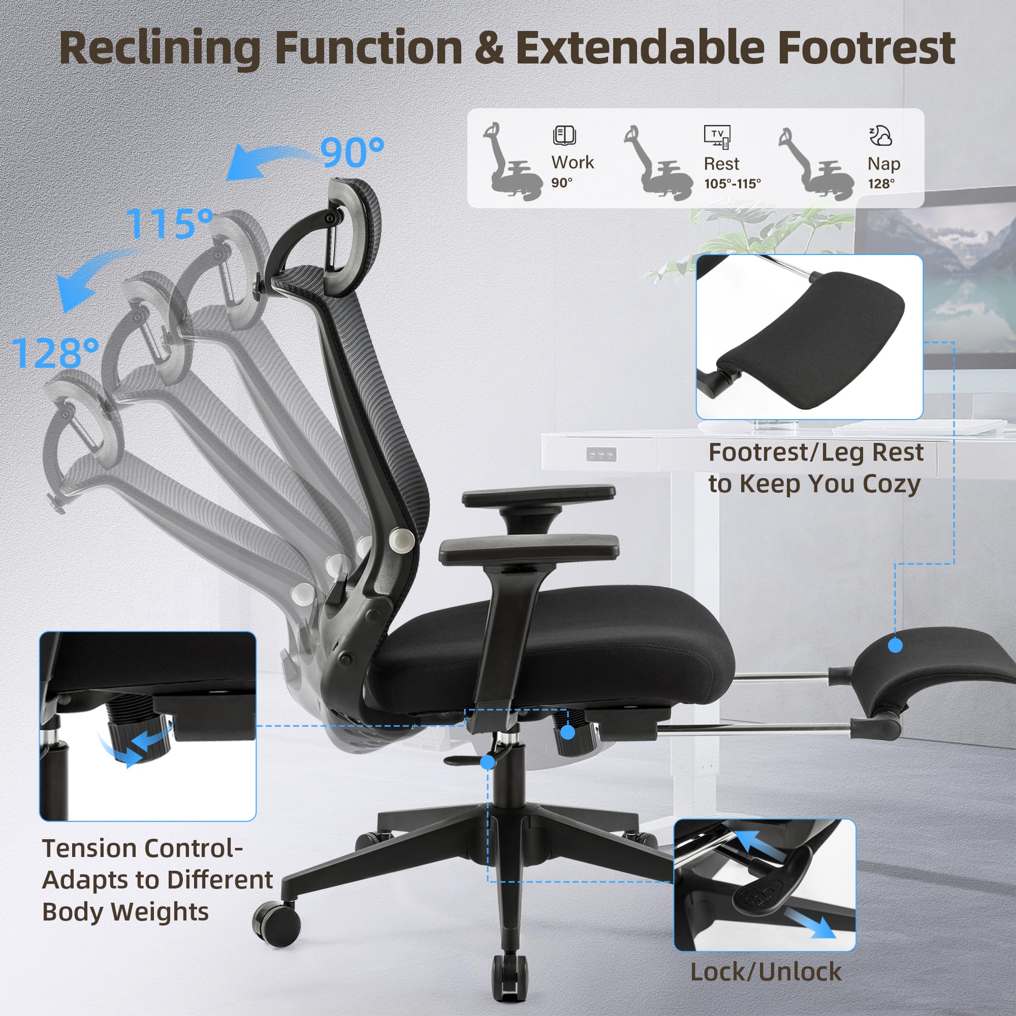 Foldable Office Chair with Foot Rest, Ergonomic Office Chair with Adjustable Lumbar Support, Headrest, Armrest, High Back Mesh Chair, Home Office Desk Chair for Space Saving, Black