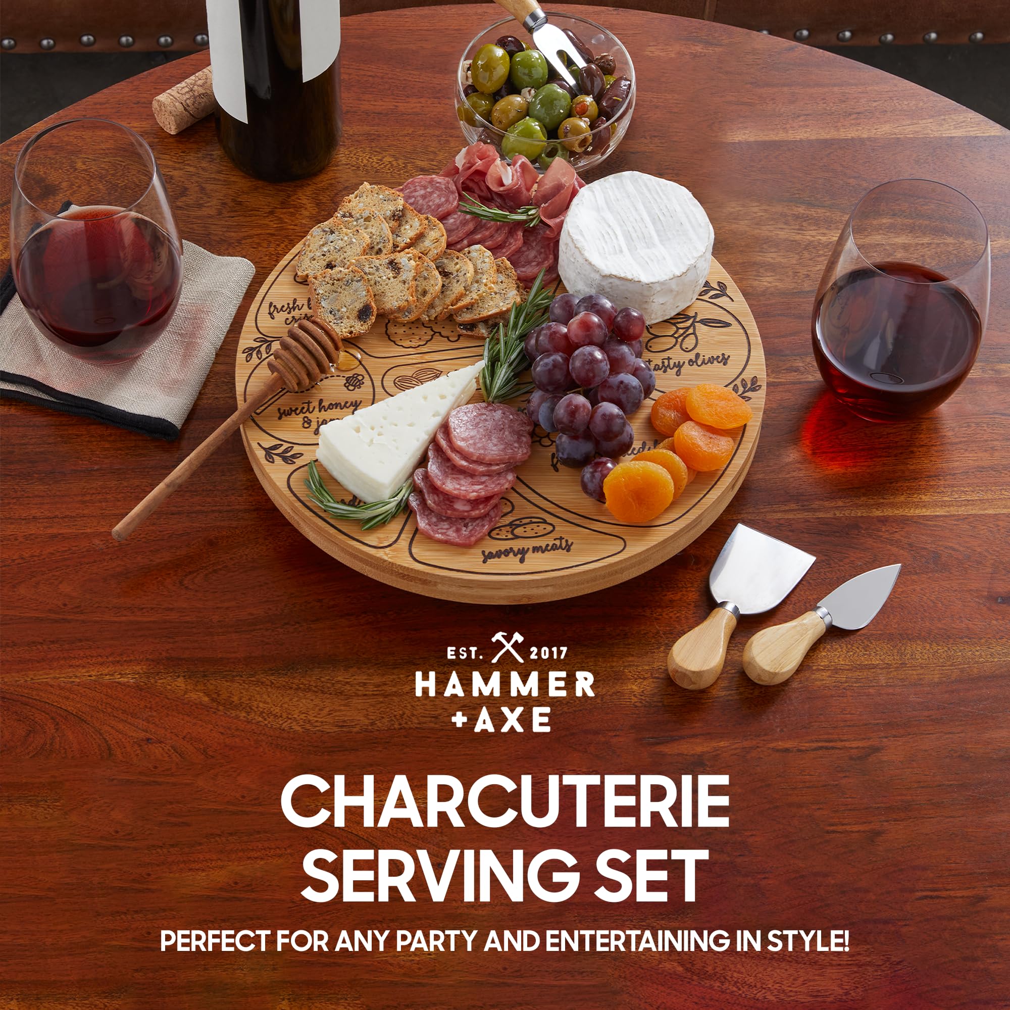 Hammer + Axe Charcuterie Board Set - Rotating Serving Cheese Board with Utensil Tools & Easy-Place Labels - Bamboo Charcuterie Boards Gift Set - Compact & Space-Saving Cheese Platter Tray & Knife Set