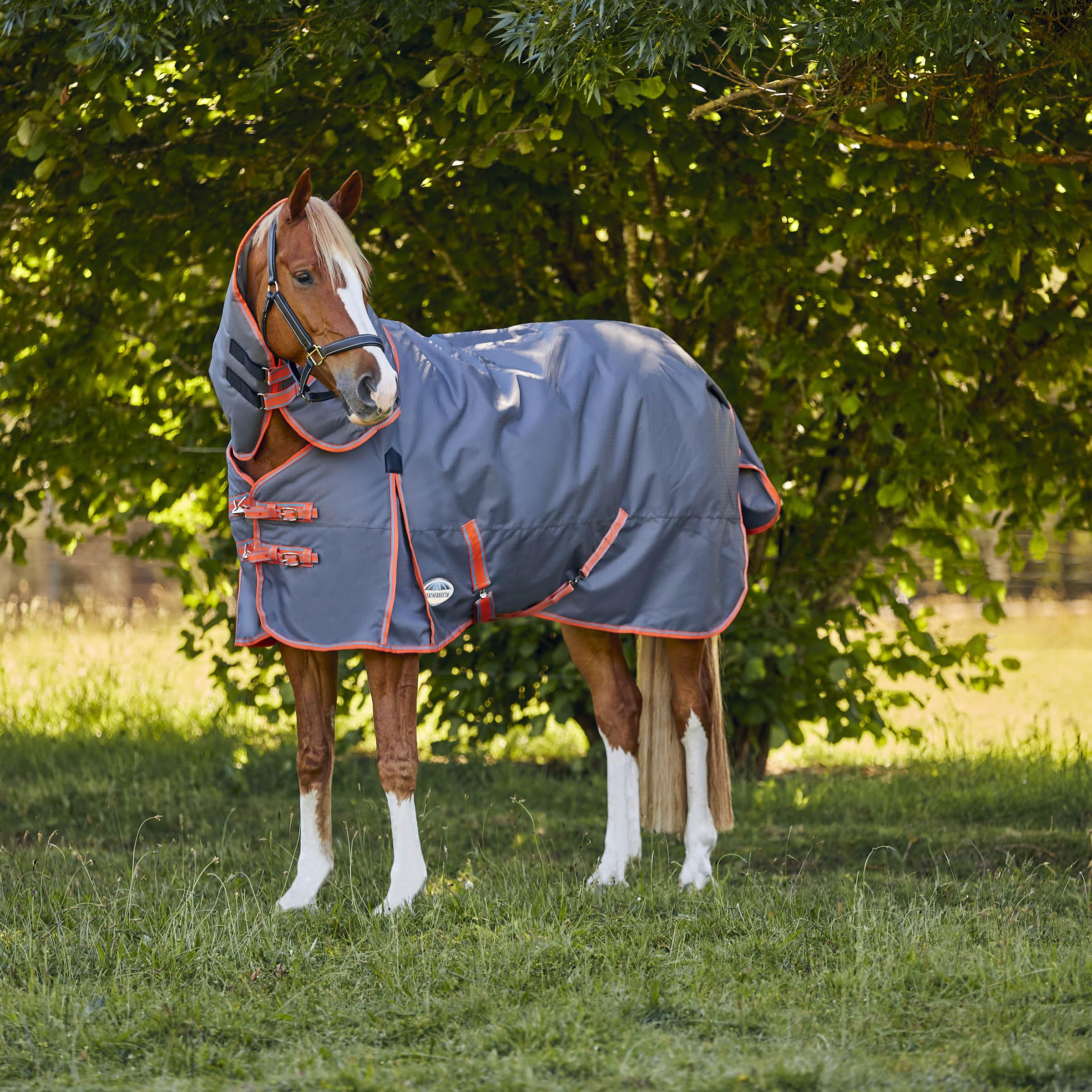 WeatherBeeta ComFiTec Essential Plus Detach-A-Neck Medium Horse Blanket, Grey/Orange/Blue, 75"