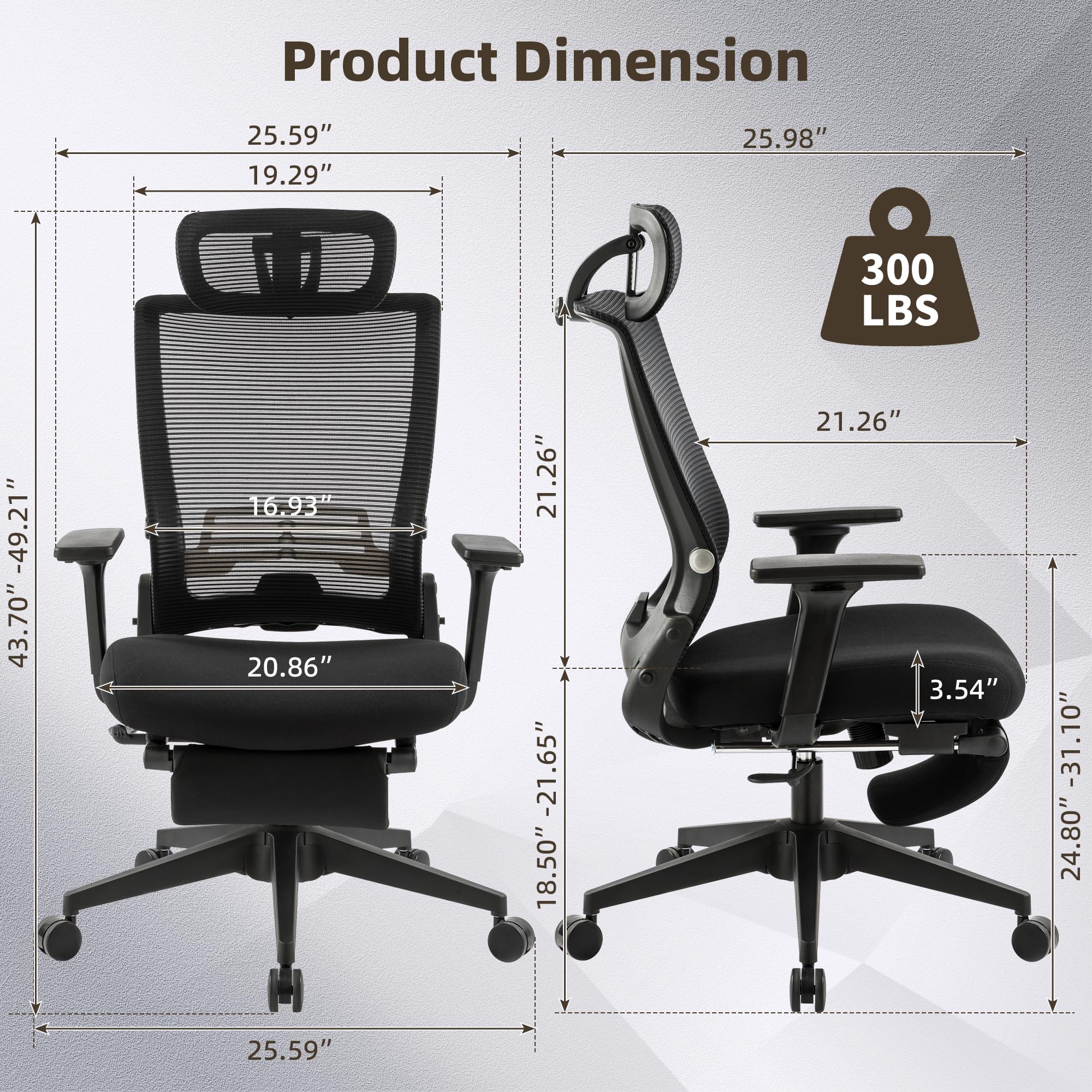 Foldable Office Chair with Foot Rest, Ergonomic Office Chair with Adjustable Lumbar Support, Headrest, Armrest, High Back Mesh Chair, Home Office Desk Chair for Space Saving, Black