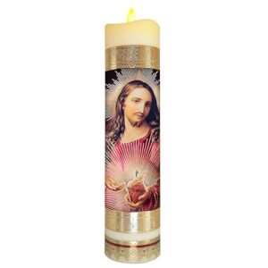 sacred heart jesus flameless led devotional prayer candle religious gold foil decoration for home, office, or place workship