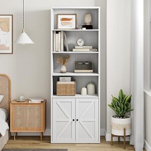 IDEALHOUSE White Bookcase with Doors Industrial Bookshelf 11.8in Depth Display Storage Shelves 71.4in Tall Farmhouse Bookcases Wooden 6 Shelf Bookshelvels for Bedroom, Living Room, Home Office, White