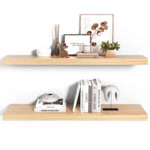 habudda floating shelves, wood wall shelf, natural wooden home decor for bathroom kitchen bedroom, hanging mounted invisible bracket, extra long 35.5 inch, set of 2