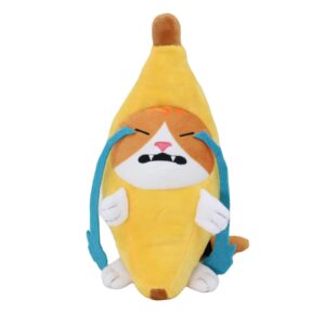 crying banana cat plush toy, sad banana cat stuffed animal, cute yellow kitty fruit plushie pillow doll