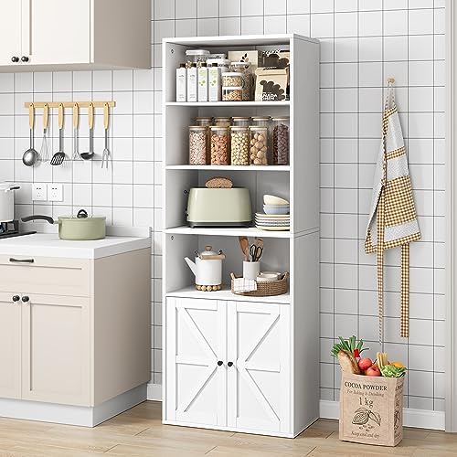 IDEALHOUSE White Bookcase with Doors Industrial Bookshelf 11.8in Depth Display Storage Shelves 71.4in Tall Farmhouse Bookcases Wooden 6 Shelf Bookshelvels for Bedroom, Living Room, Home Office, White