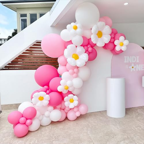 Hot Pink Balloons Arch Kit,Pink White Daisy Flower Garland with Metallic Red Balloons for Birthday Party Baby Shower Baptism Bridal Engagement Wedding Decorations