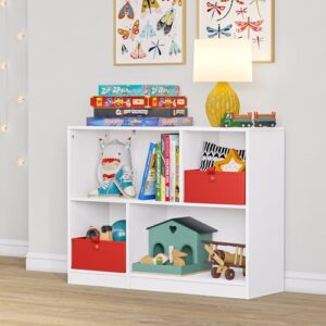 RiverRidge Kids Horizontal Bookcase Toy Organizer with 2 Shelves & Cubbies - Sturdy Wooden Toy Storage for Playroom Books and Games