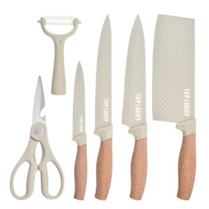 knife set, 6-piece khaki professional kitchen knife set for chef, super sharp meat knives cooking knives sets, anti-rust stainless steel kitchen knives with cutlery ergonomic design wood handle